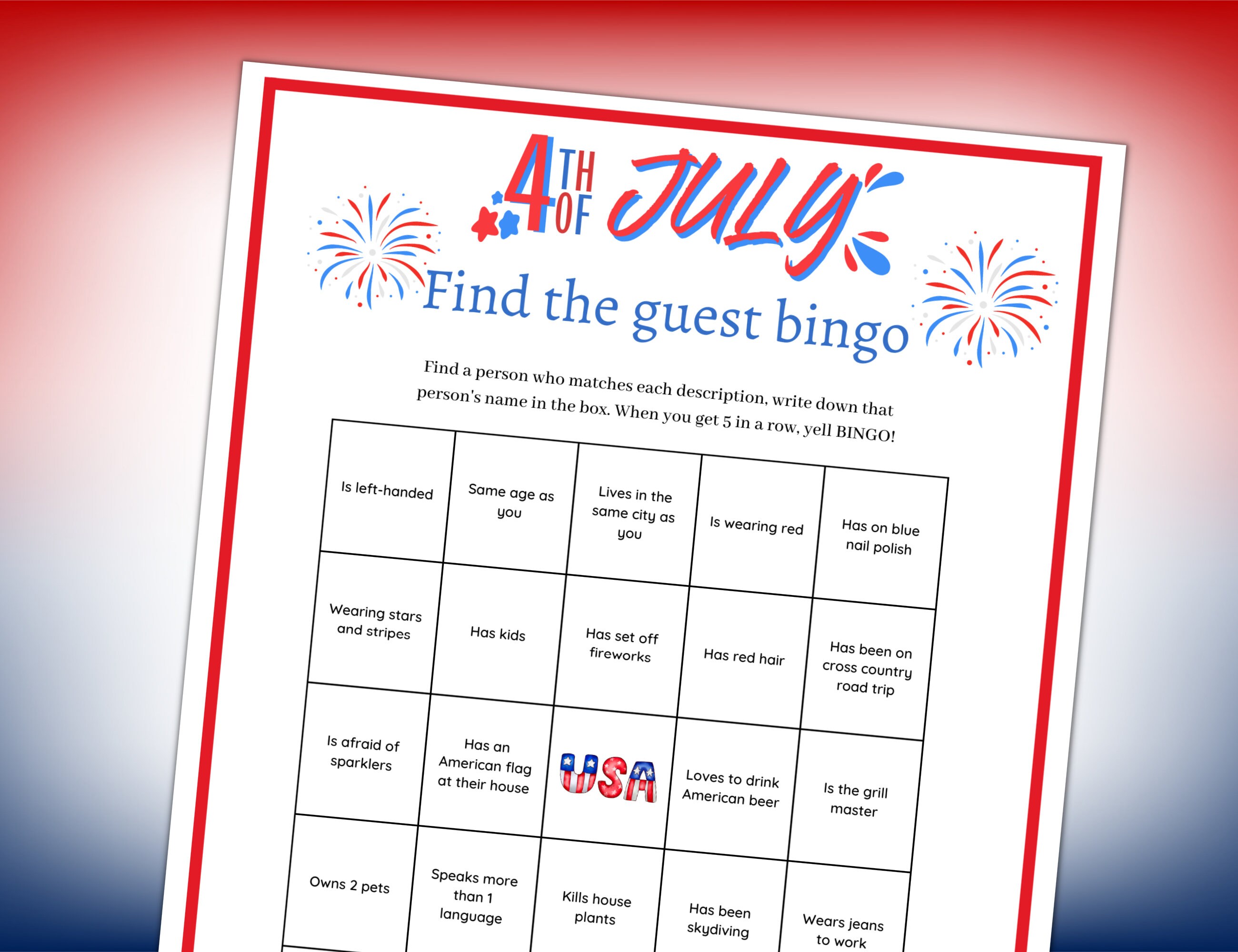 Fourth of July Find the Person Bingo Game, Printable Family Games ...