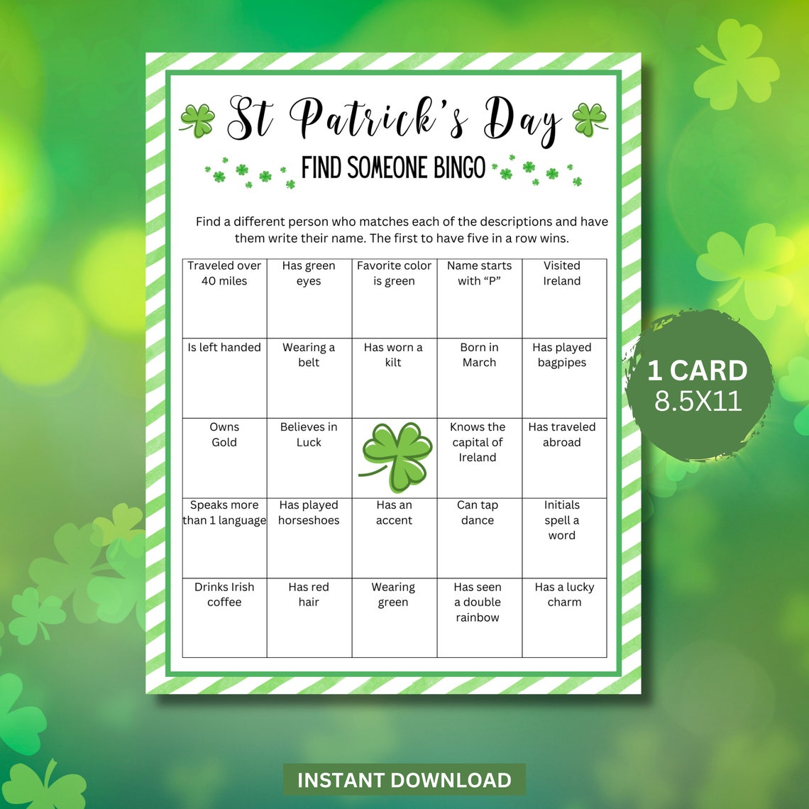 Printable St Patrick's Day Find Someone Bingo Game, St Paddy's Day Game ...