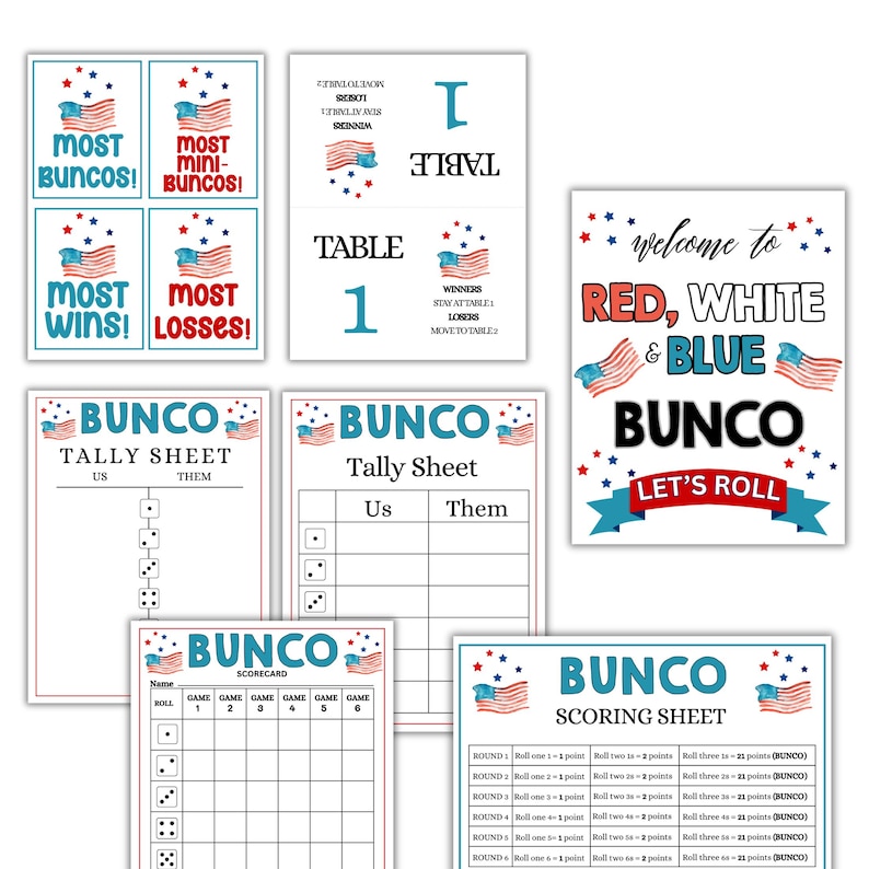 PATRIOTIC Bunco Party Pack, Game Night Printable Score Cards, Tally ...