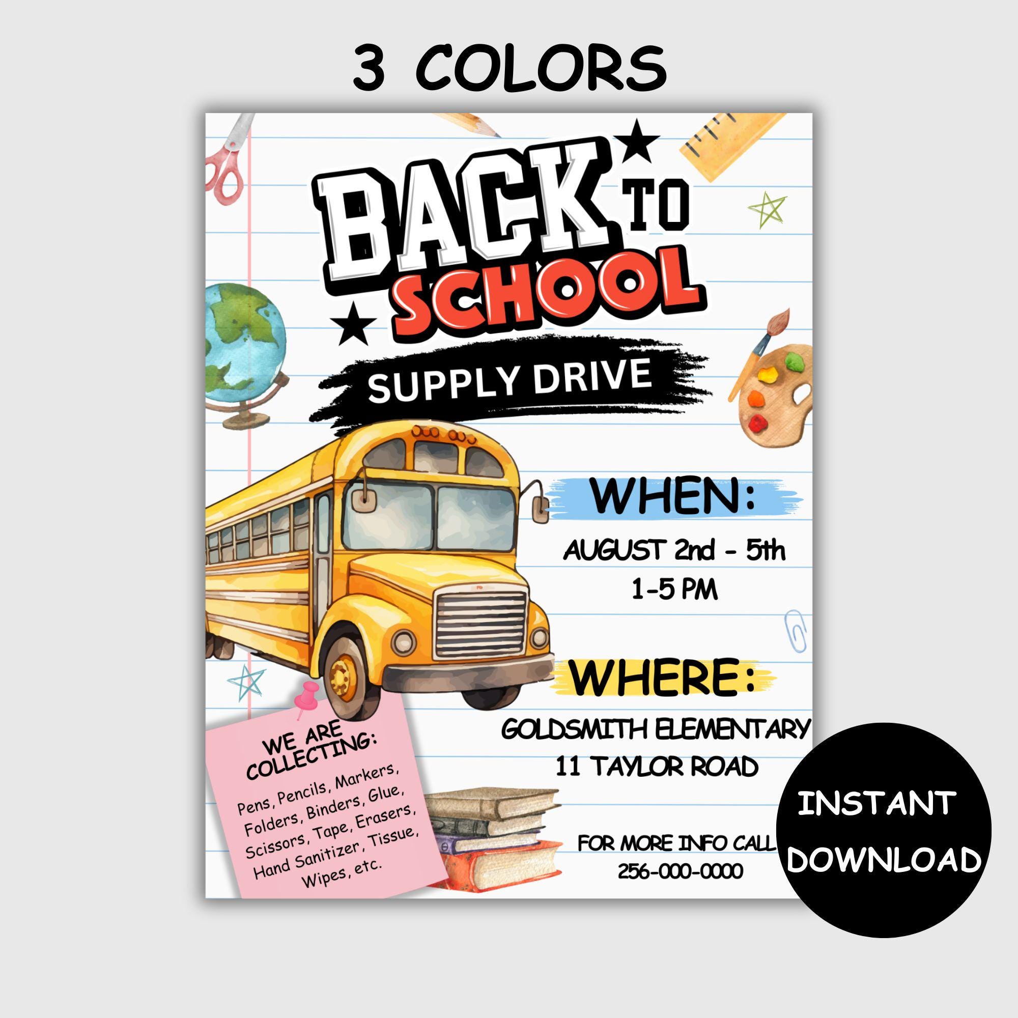Editable School Supply Drive Flyer Canva Template, Back to School Drive ...