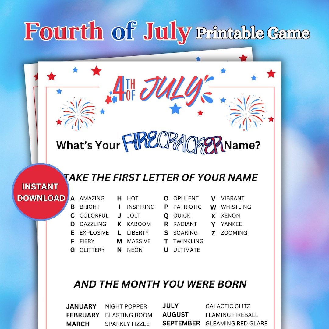 Fourth of July What's Your Firecracker Name Game, Printable Family Game ...