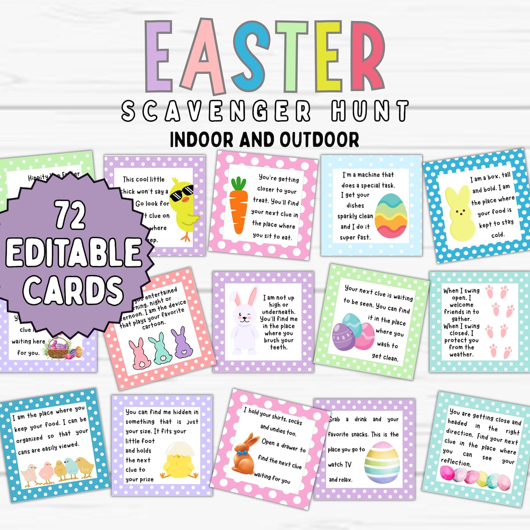 Easter Scavenger Hunt for Kids, 72 Easter Hunt Clues, Editable Easter ...
