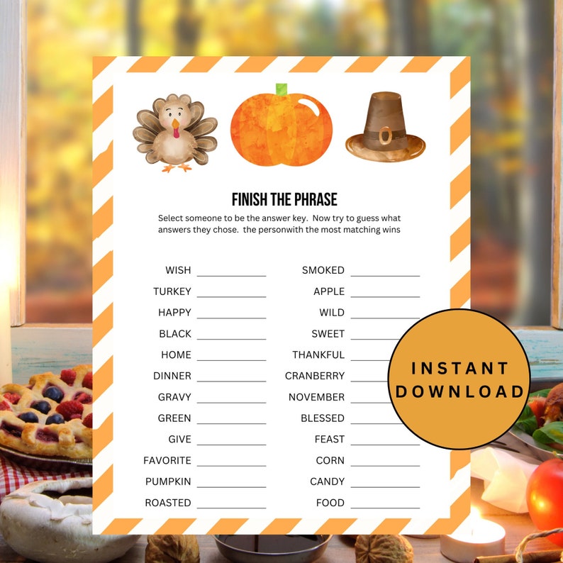 Thanksgiving Game, Thanksgiving Finish the Phrase Game, Thanksgiving ...