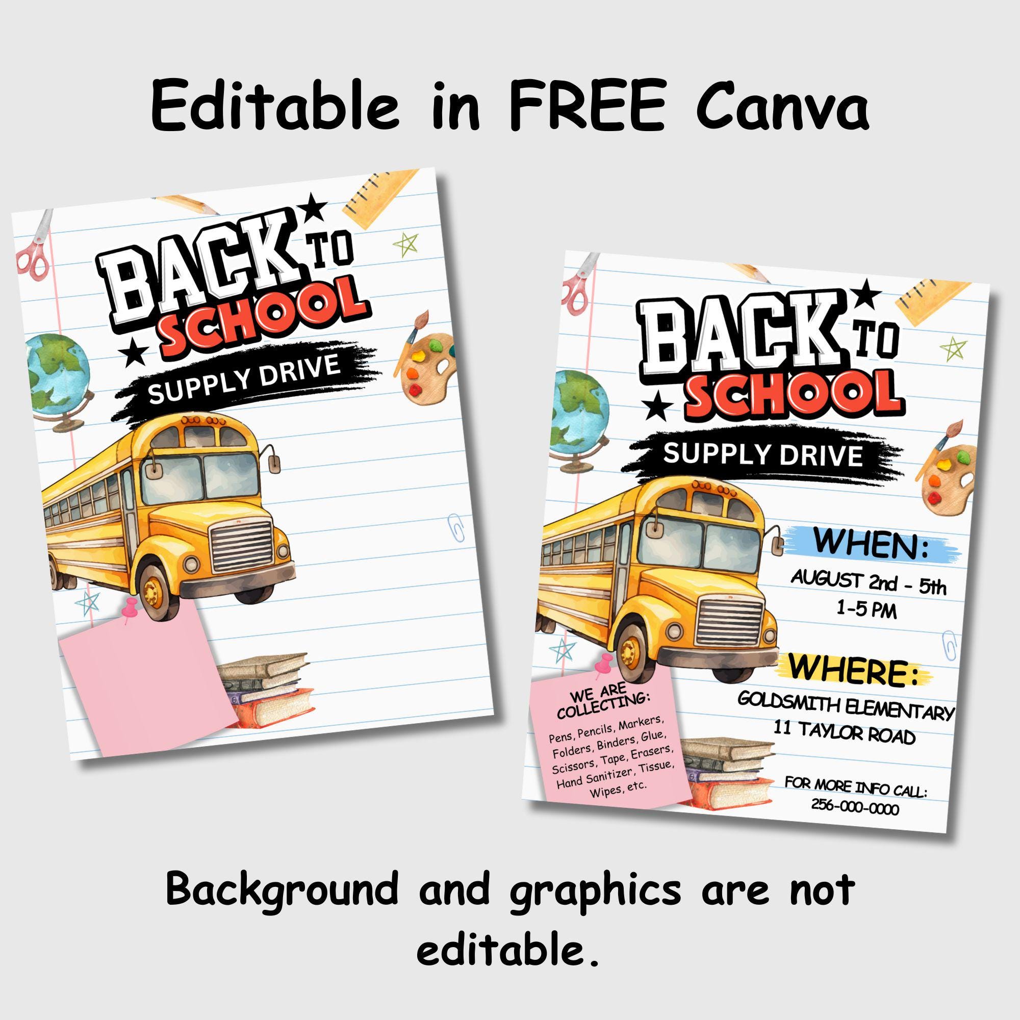 Editable School Supply Drive Flyer Canva Template, Back to School Drive ...