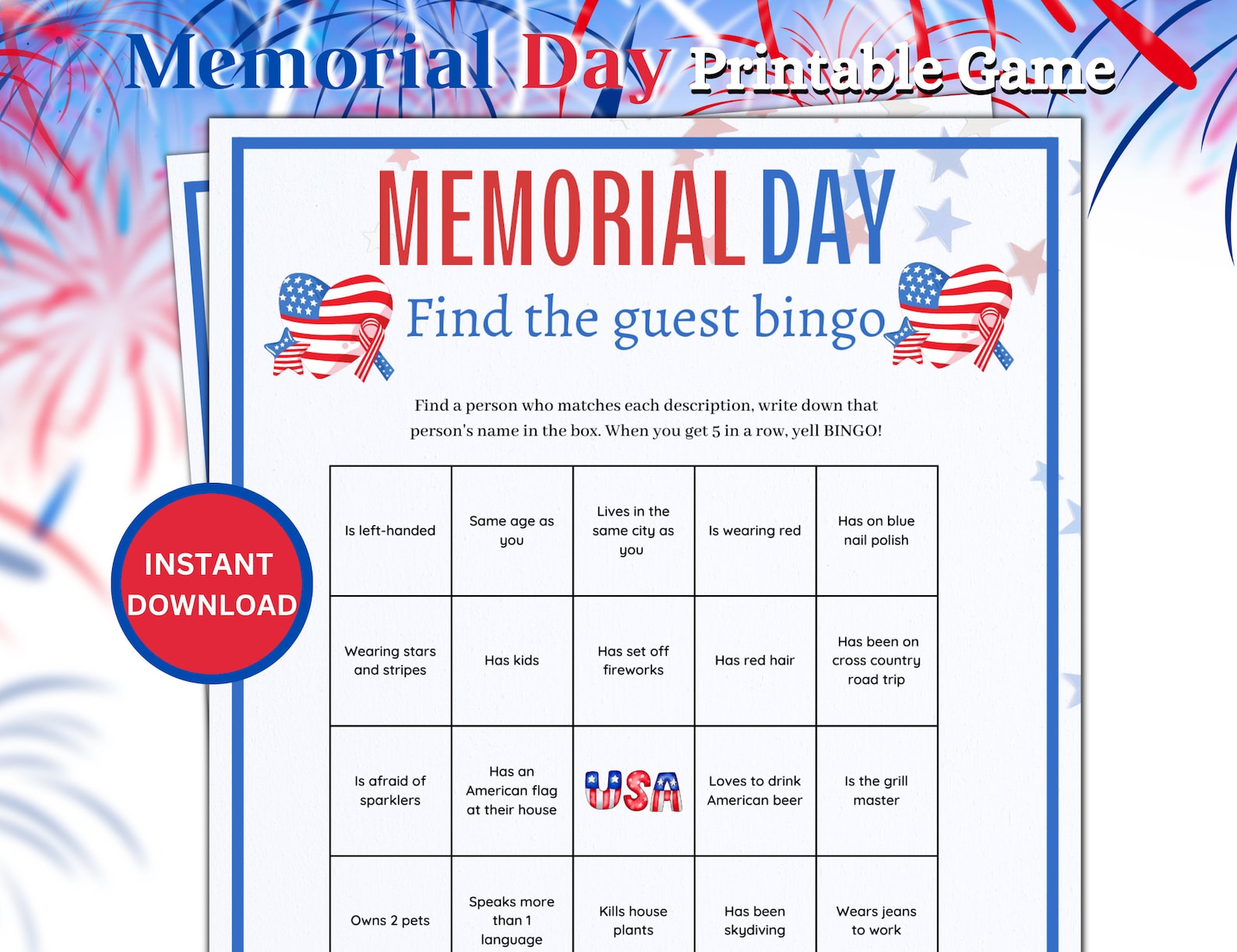 Memorial Day Bingo Game, Printable Family Games, Patriotic Party Games ...