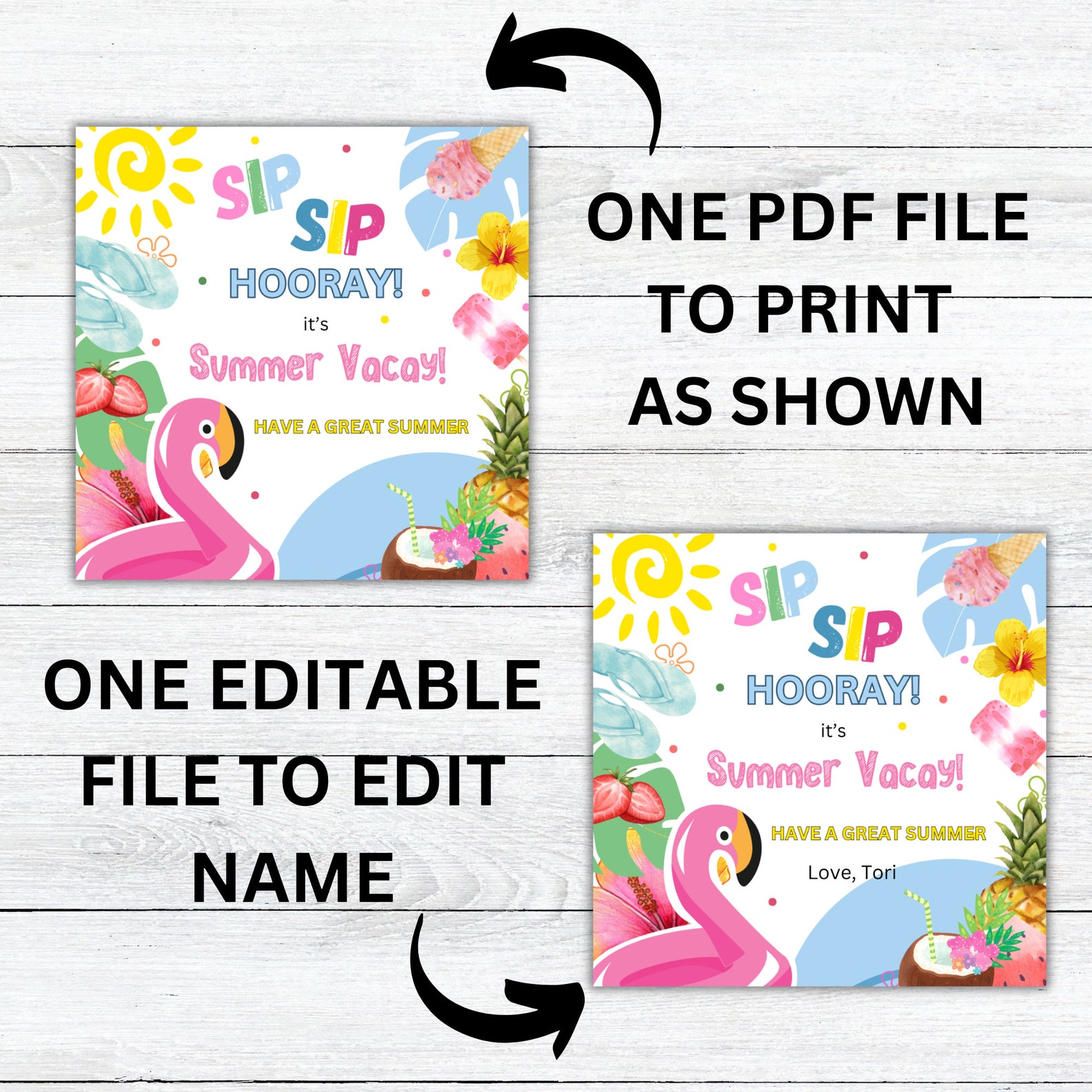 Editable Sip Sip Hooray Summer Vacay Gift Tag, Teacher Appreciation ...