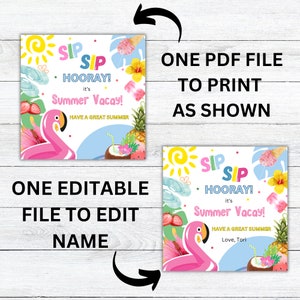 Editable Sip Sip Hooray Summer Vacay Gift Tag, Teacher Appreciation ...