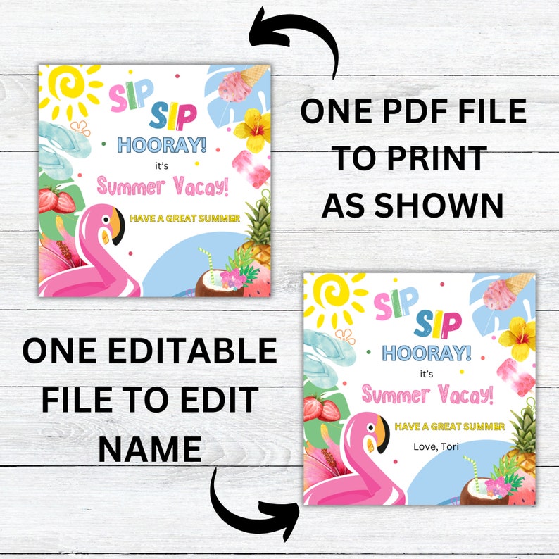 Editable Sip Sip Hooray Summer Vacay Gift Tag, Teacher Appreciation ...
