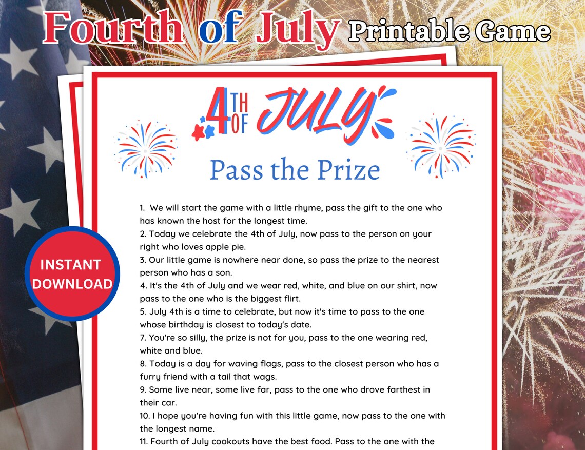Fourth of July Pass the Prize Game, Printable Family Games, Patriotic ...