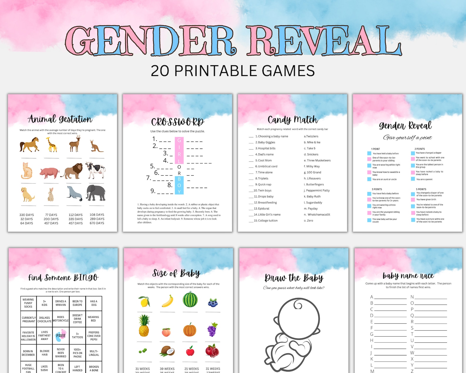 Gender Reveal Games Bundle, Cotton Candy Pink and Blue Theme, Gender ...