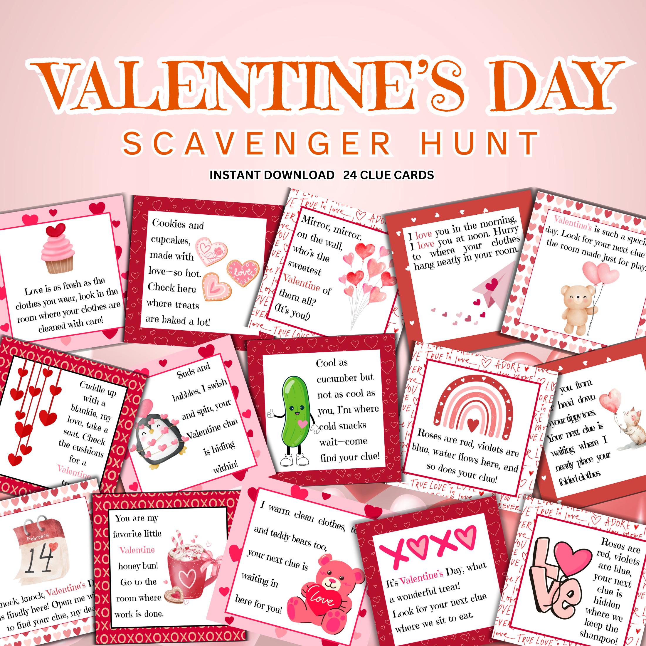 Valentines Day Scavenger Hunt, Valentines Treasure Hunt Clues for Kids ...