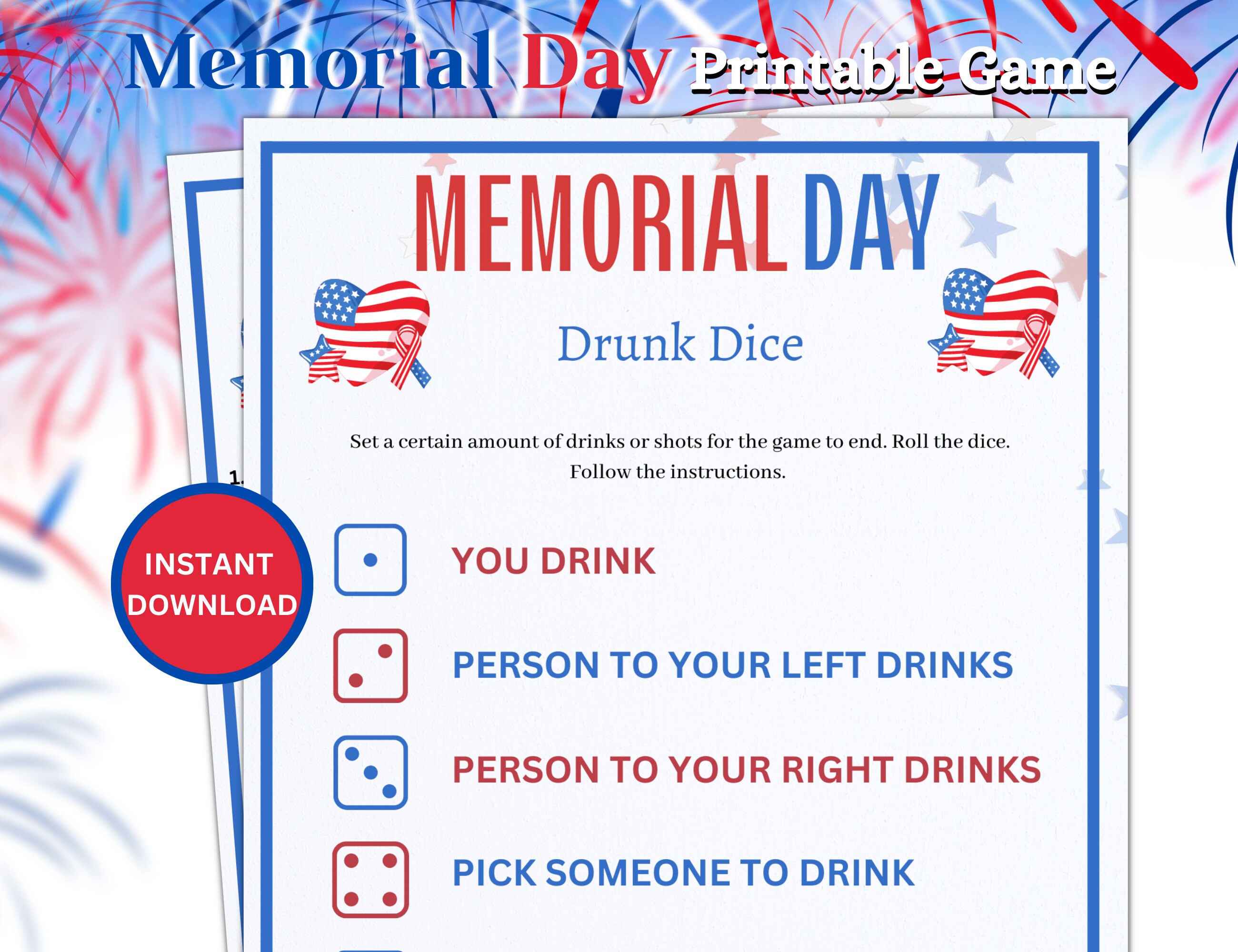 Memorial Day Drunk Dice Game, Printable Family Games, Patriotic Party ...