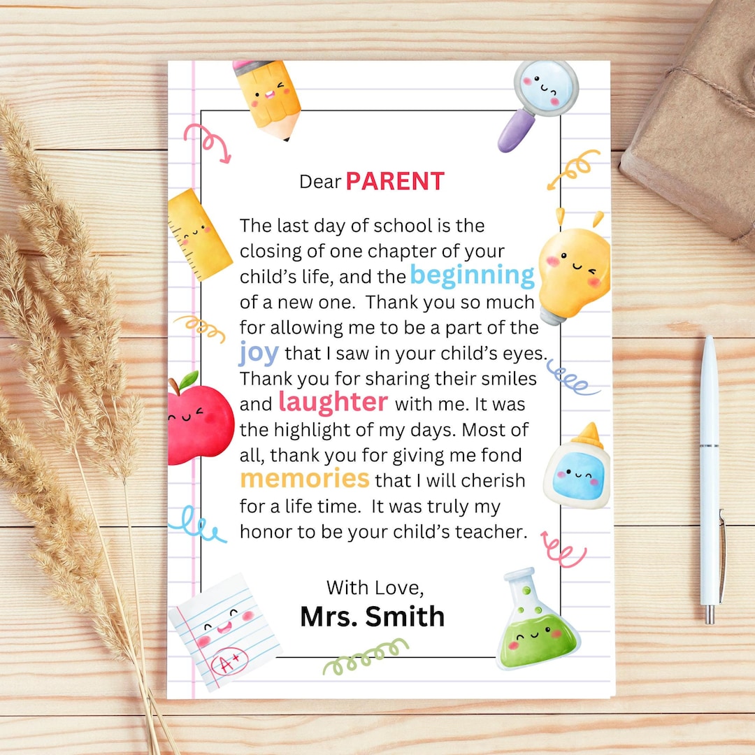 Editable End of School Year Letter to Parent, Last Day of School Gift ...