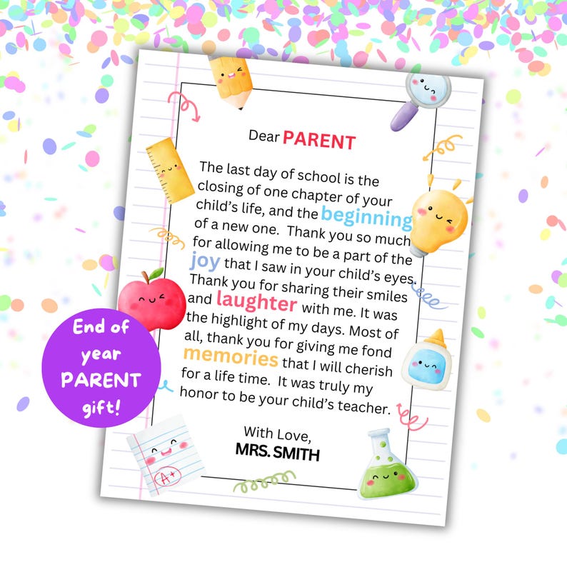 Editable End of School Year Letter to Parent, Last Day of School Gift ...
