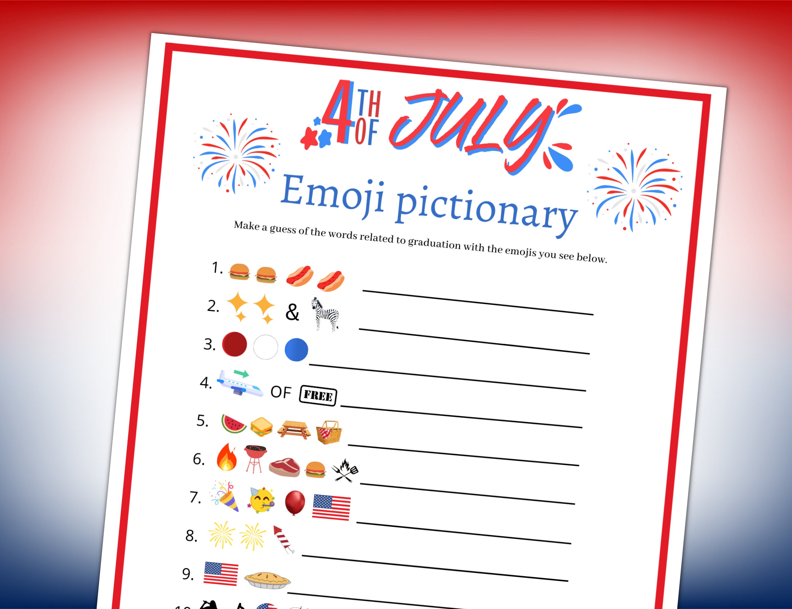 Fourth of July Emoji Pictionary Game, Printable Family Games, Patriotic ...