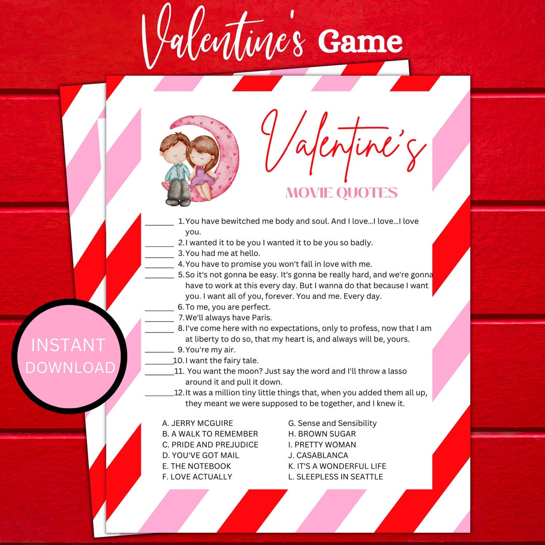 Printable Valentine's Day Game, MOVIE QUOTES Party Game and Activity ...
