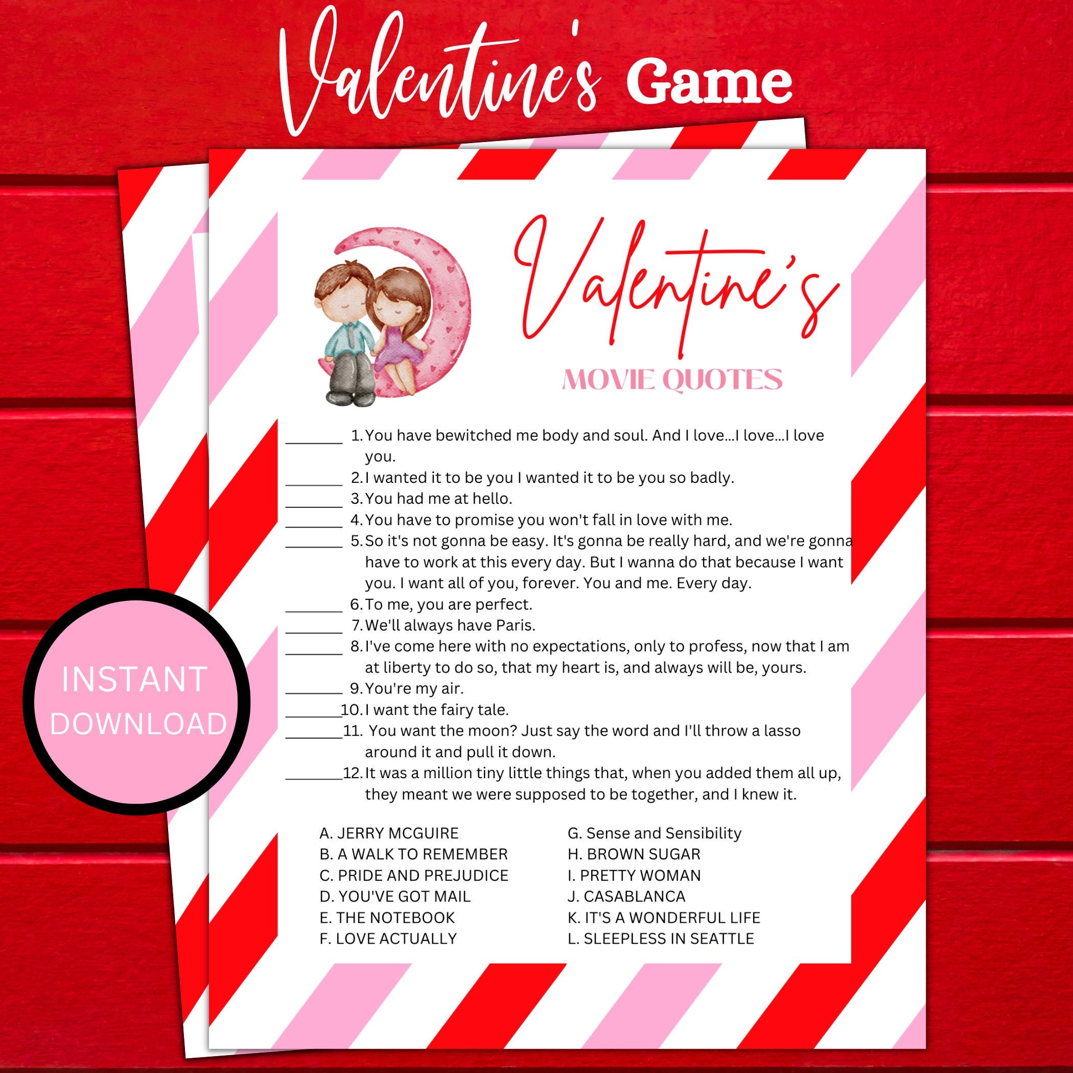 Printable Valentine's Day Game, MOVIE QUOTES Party Game and Activity ...