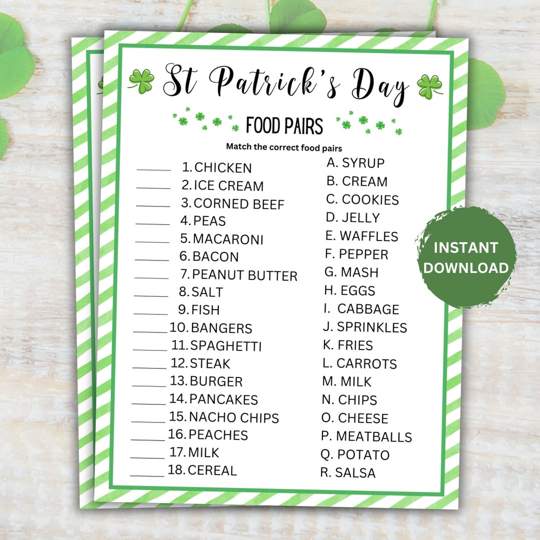 Printable St Patrick's Day Food Pairs Game, St Paddys Day Game Activity ...