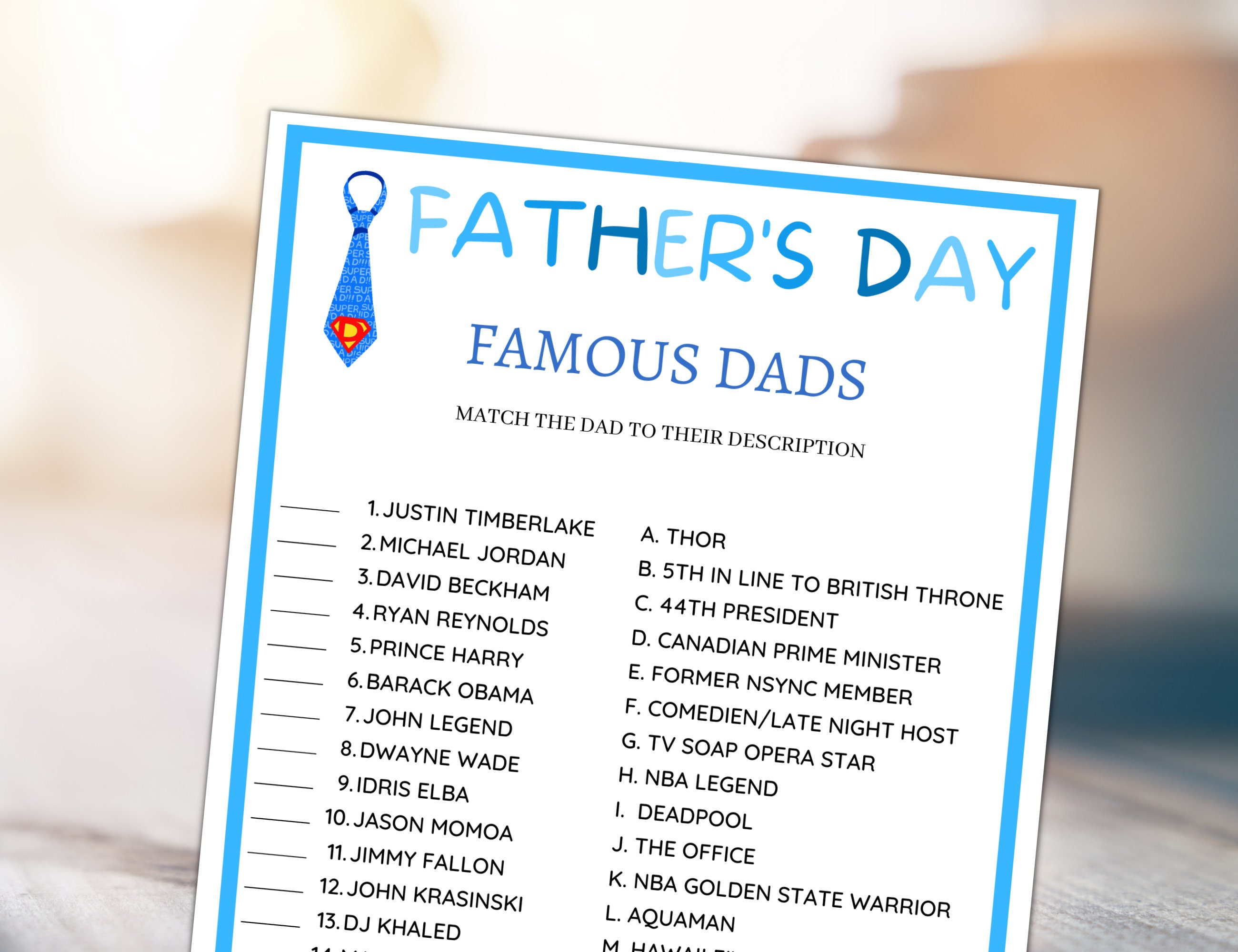 Father's Day Game, Printable Family Game, Dad's Day Party Game, Game ...