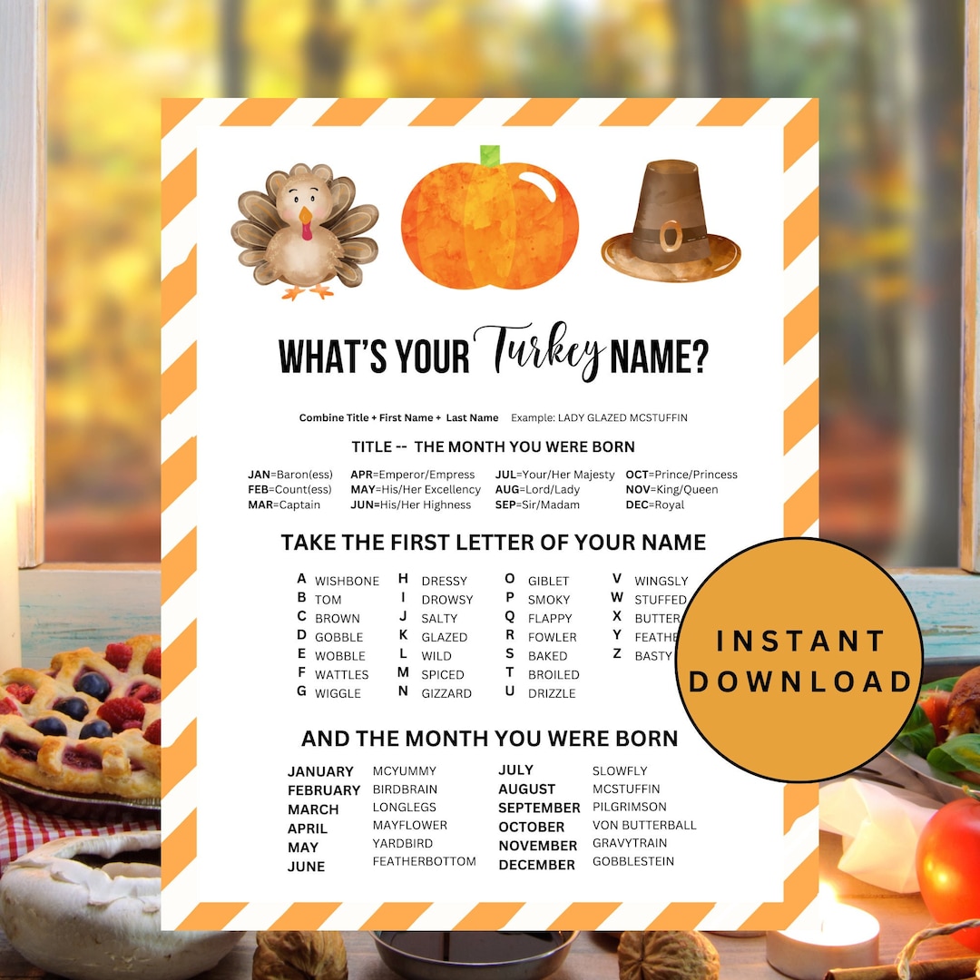 Thanksgiving Game, Thanksgiving What's Your Turkey Name, Thanksgiving ...