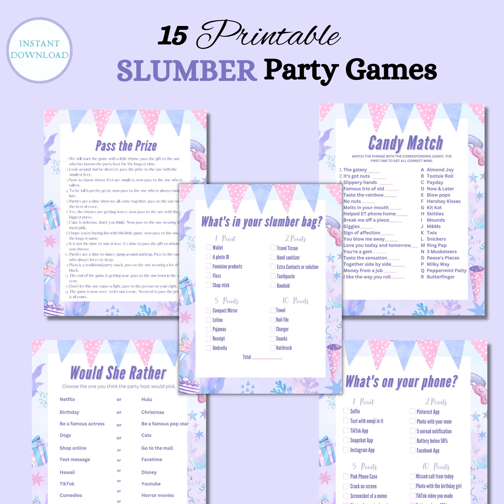 Printable Slumber Party Game Bundle, Party Activities Her, PURPLE Sleep ...