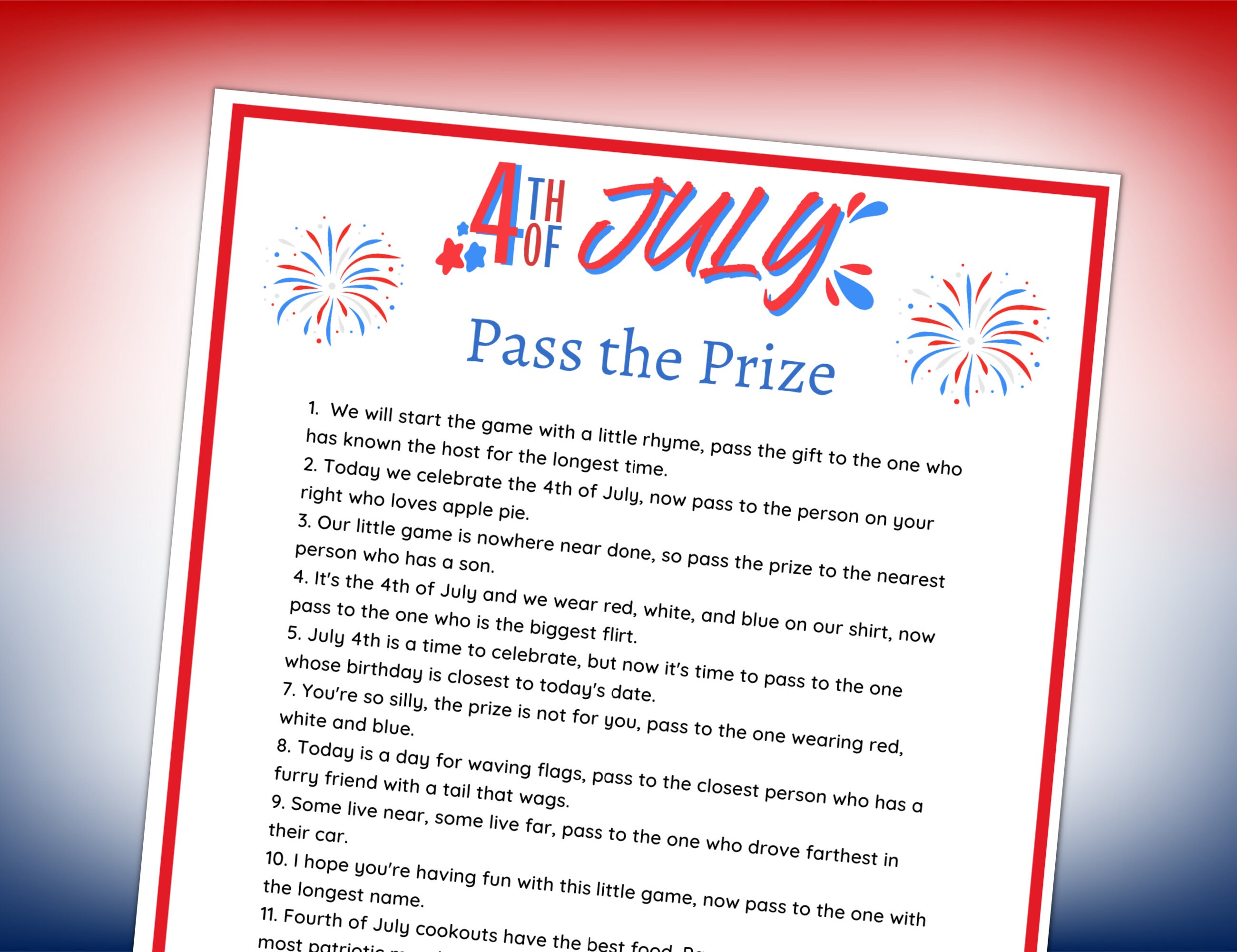 Fourth of July Pass the Prize Game, Printable Family Games, Patriotic ...