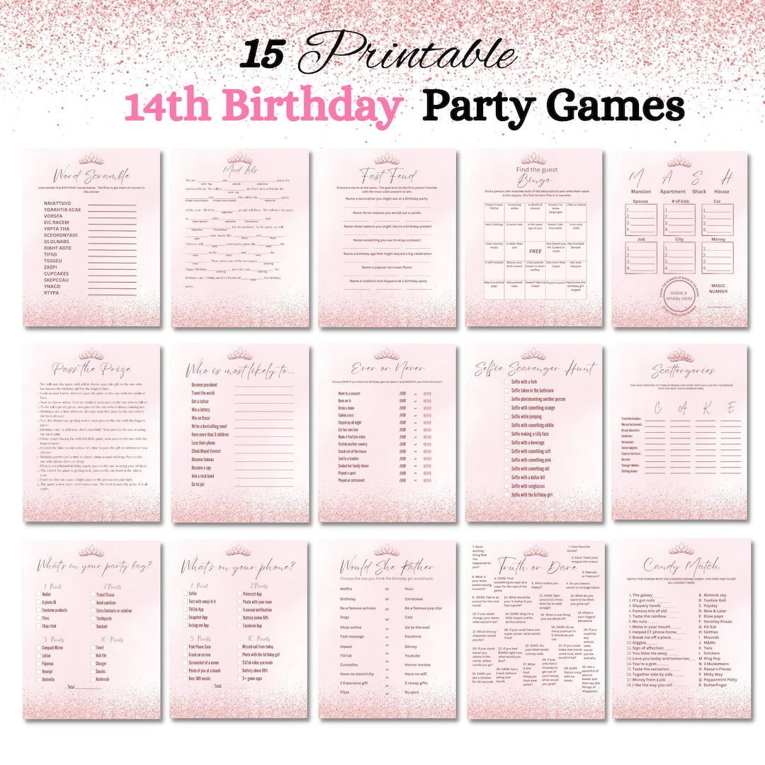 Printable 14th Birthday Game Bundle, Party Activities, Rose Gold ...