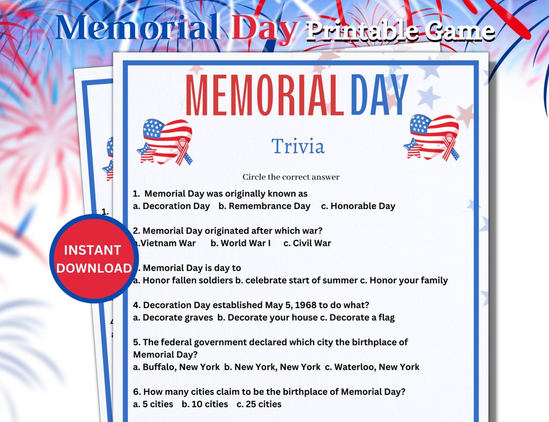 Memorial Day Trivia Game, Printable Family Games, Patriotic Party Games ...