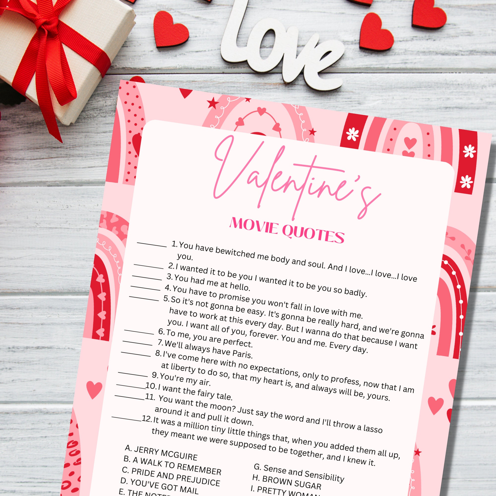 Printable Valentine's Day Game, Movie Quotes Game and Activity Adult ...