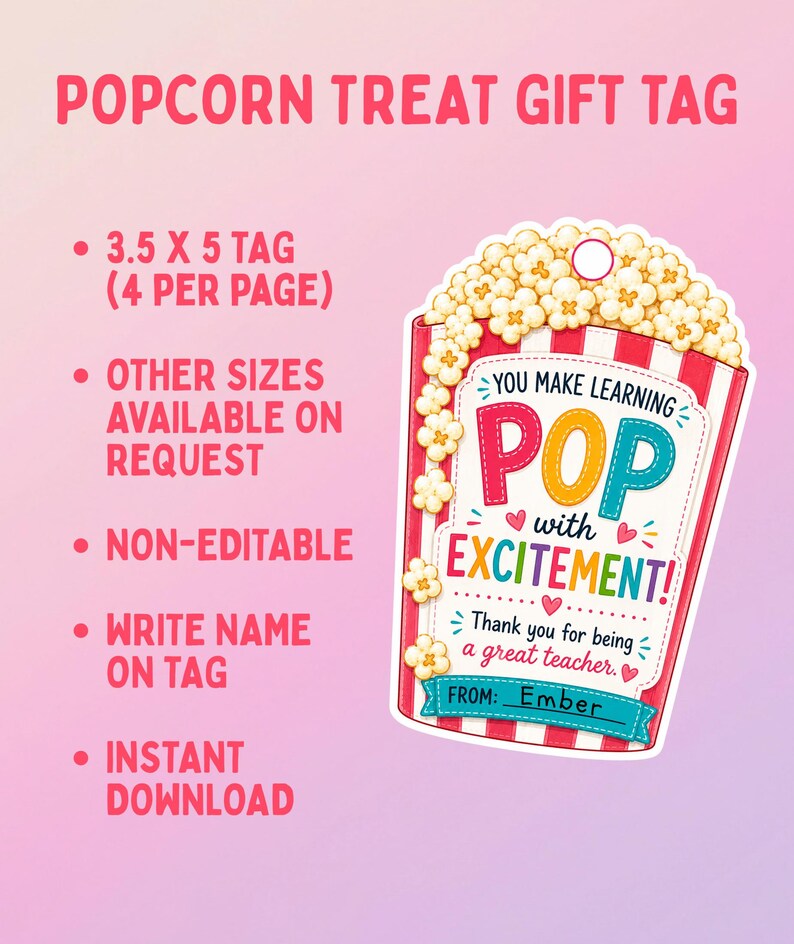 Popcorn Teacher Gift Tag, Thank You Tag, End of Year Printable Gift ...