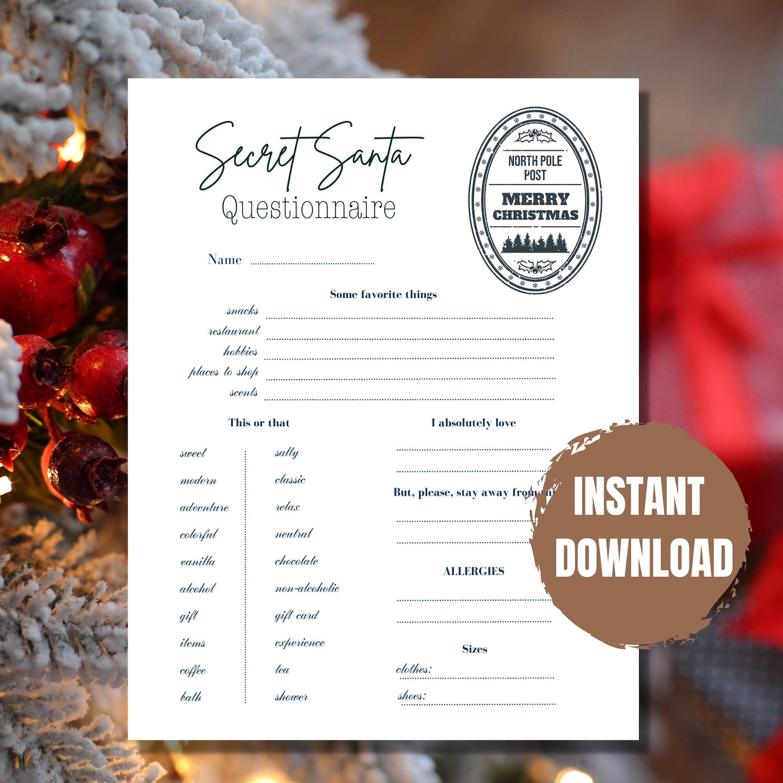 Secret Santa Questionnaire, Printable Christmas Gift Exchange Questions ...