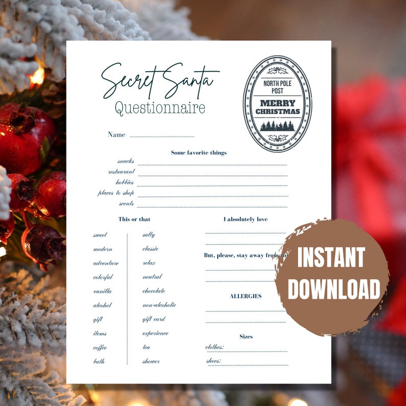 Secret Santa Questionnaire, Printable Christmas Gift Exchange Questions ...