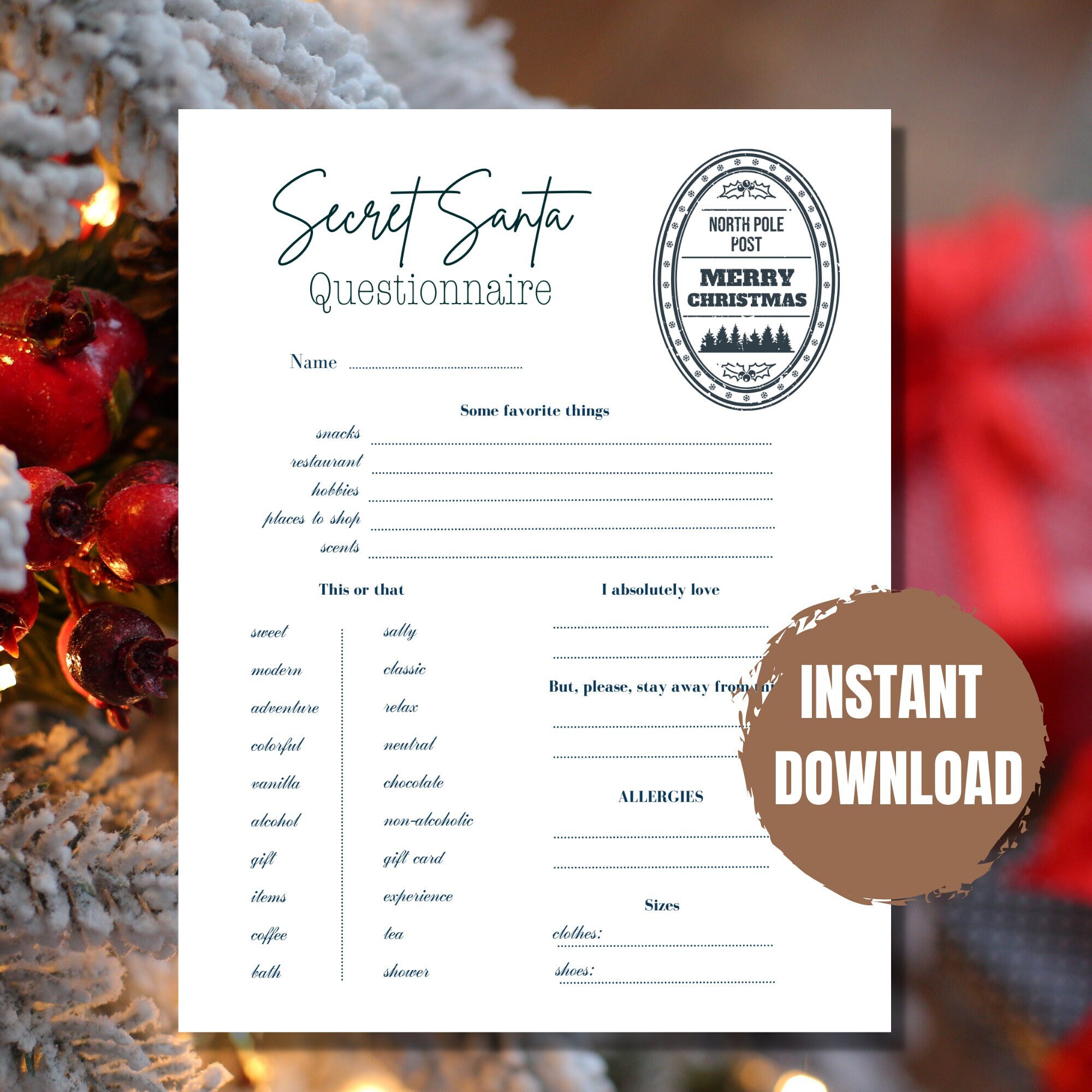 Secret Santa Questionnaire, Printable Christmas Gift Exchange (digital ...