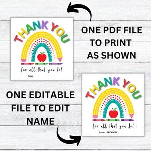 Editable Thank You Teacher Gift Tag, Teacher Appreciation Week, End of ...