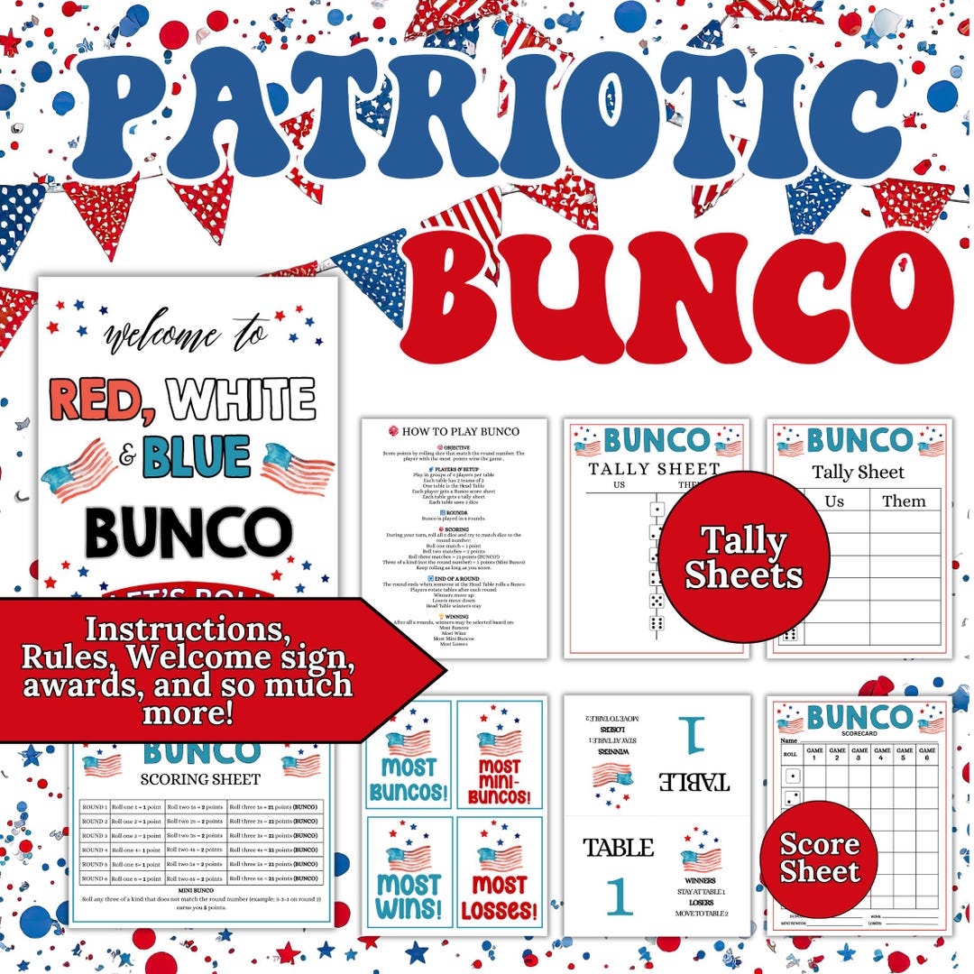 PATRIOTIC Bunco Party Pack, Game Night Printable Score Cards, Tally ...