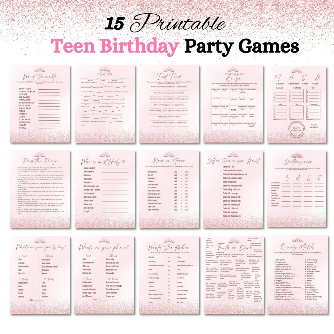 Printable Teen Birthday Game Bundle, Party Activities, Rose Gold ...