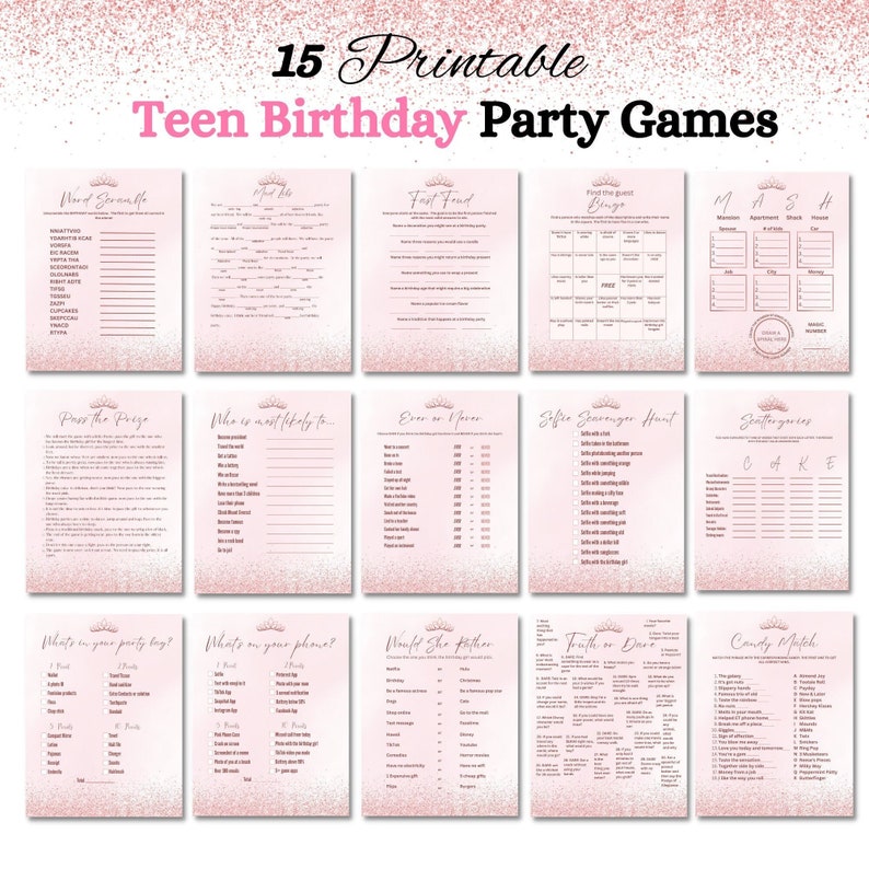 Printable Teen Birthday Game Bundle, Party Activities, Rose Gold ...