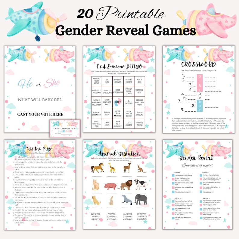 20 Gender Reveal Games Pink and Blue AIRPLANES Perfect for - Etsy