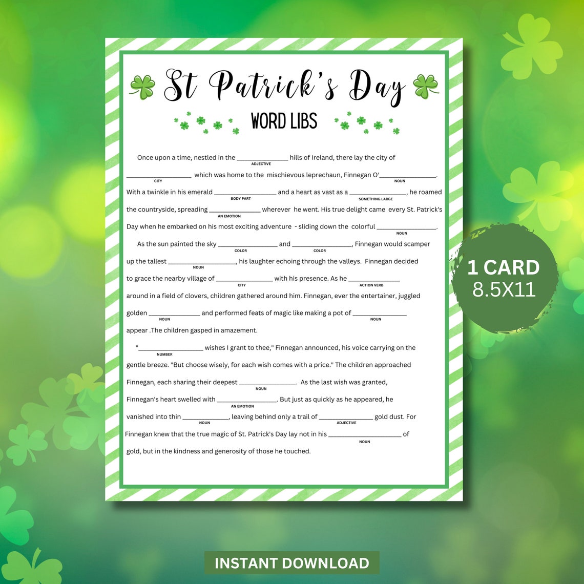 Printable St Patrick's Day Word Libs Game, St Paddy's Day Game Activity ...