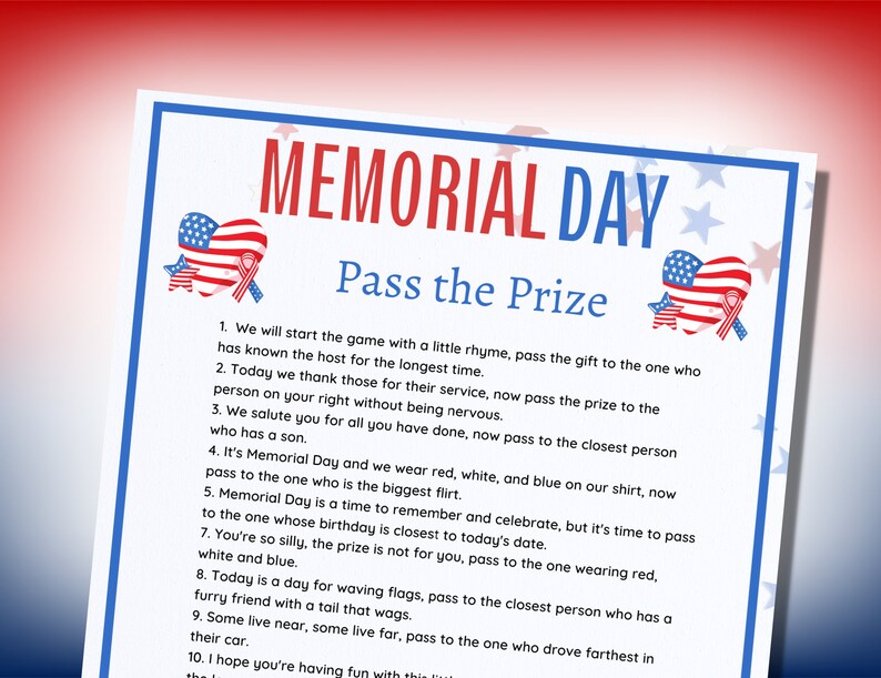 Memorial Day Pass the Prize Game, Printable Family Games, Patriotic ...