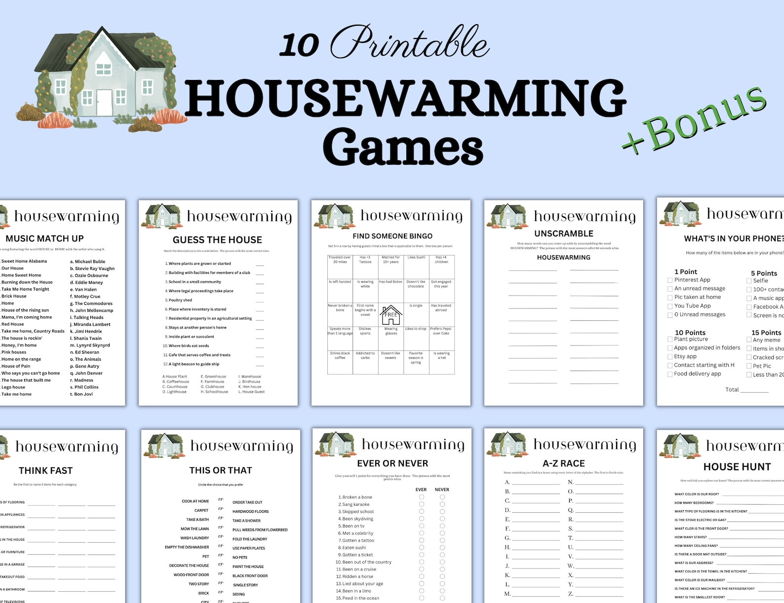 Housewarming Game Bundle Printable New House Games - Etsy