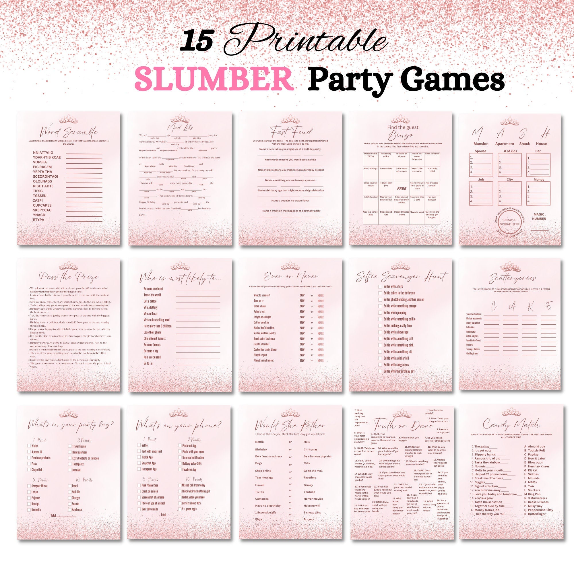 Printable Slumber Party Game Bundle, Party Activities Her, Rose Gold ...