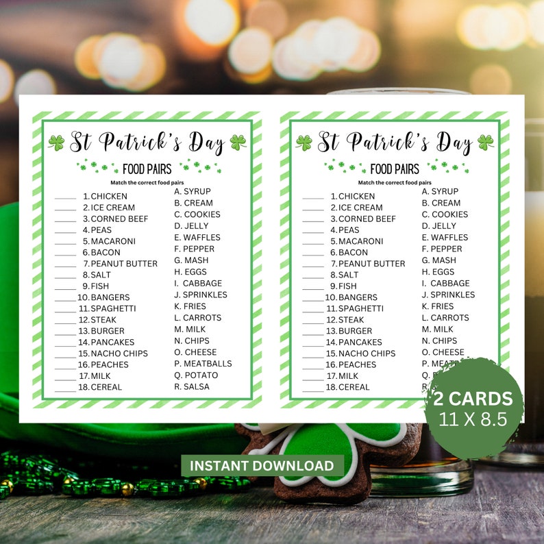 Printable St Patrick's Day Food Pairs Game, St Paddys Day Game Activity ...