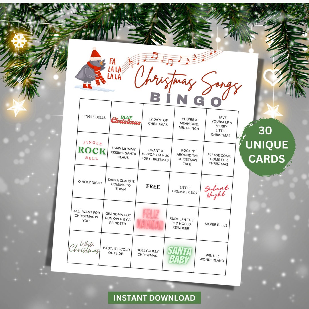 30 Unique Christmas Song Bingo Cards, Adult Kids Christmas Game ...