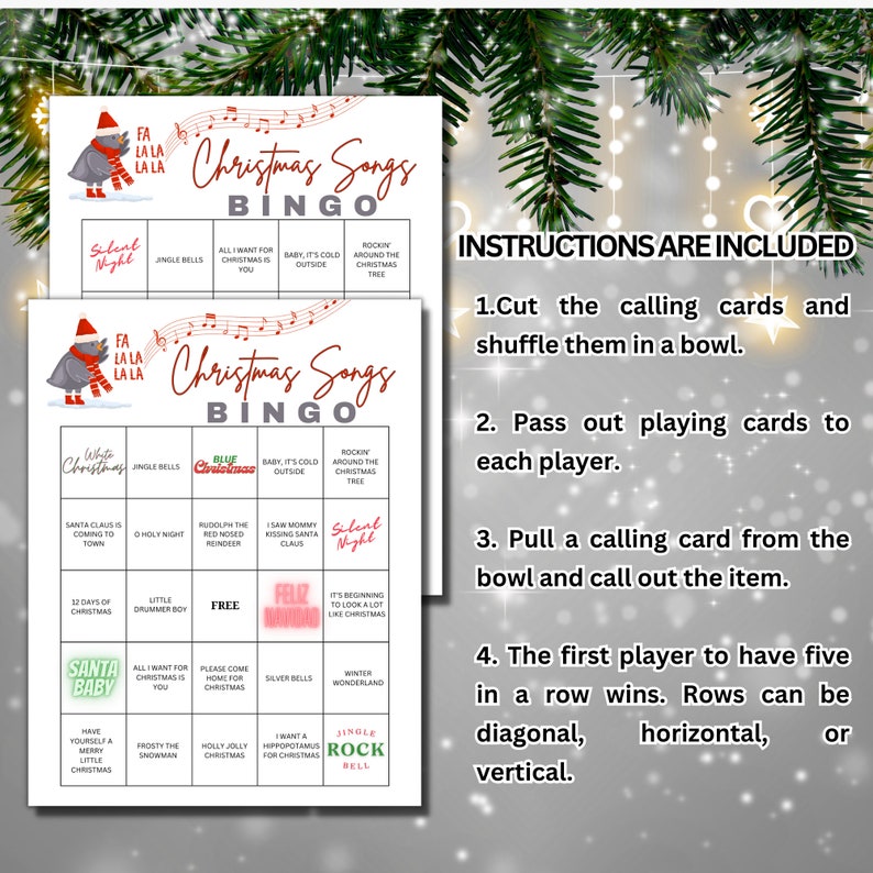 30 Unique Christmas Song Bingo Cards, Adult Kids Christmas Game ...