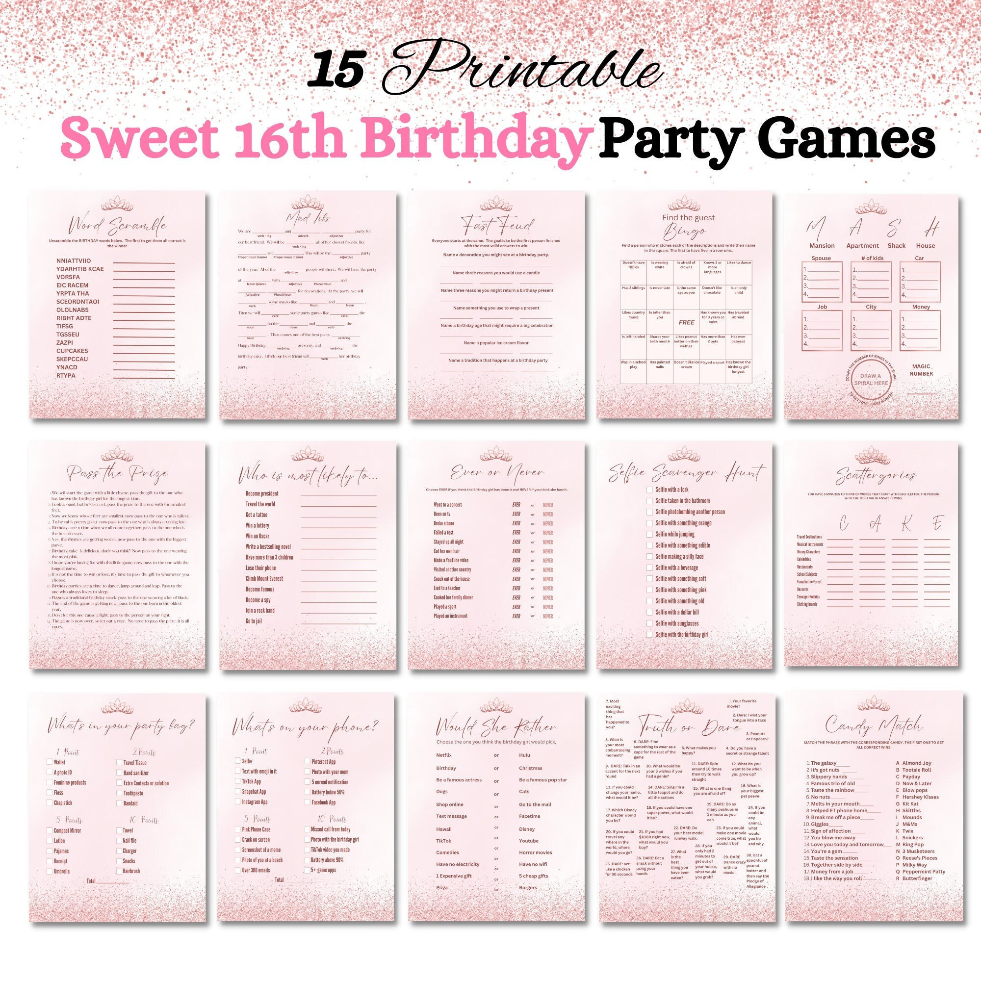 Sweet 16th Birthday Game Bundle, Party Activities, Rose Gold Birthday ...