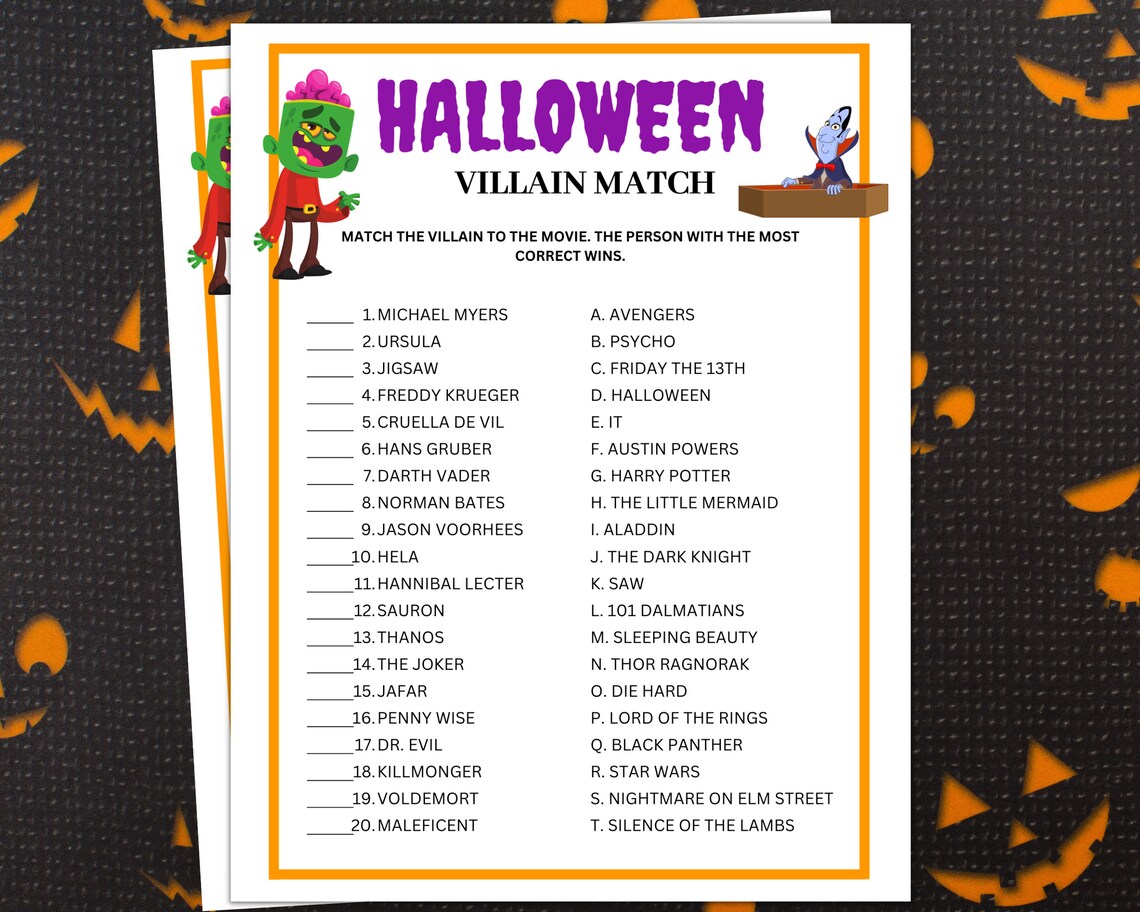 Halloween Party Game, Villain Match, Halloween Party Activities ...
