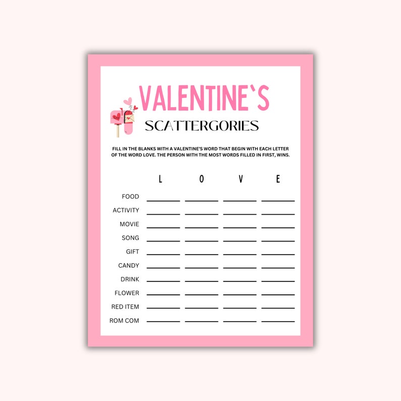 Scattergories Valentine's Party Game, Valentines Party Game and ...