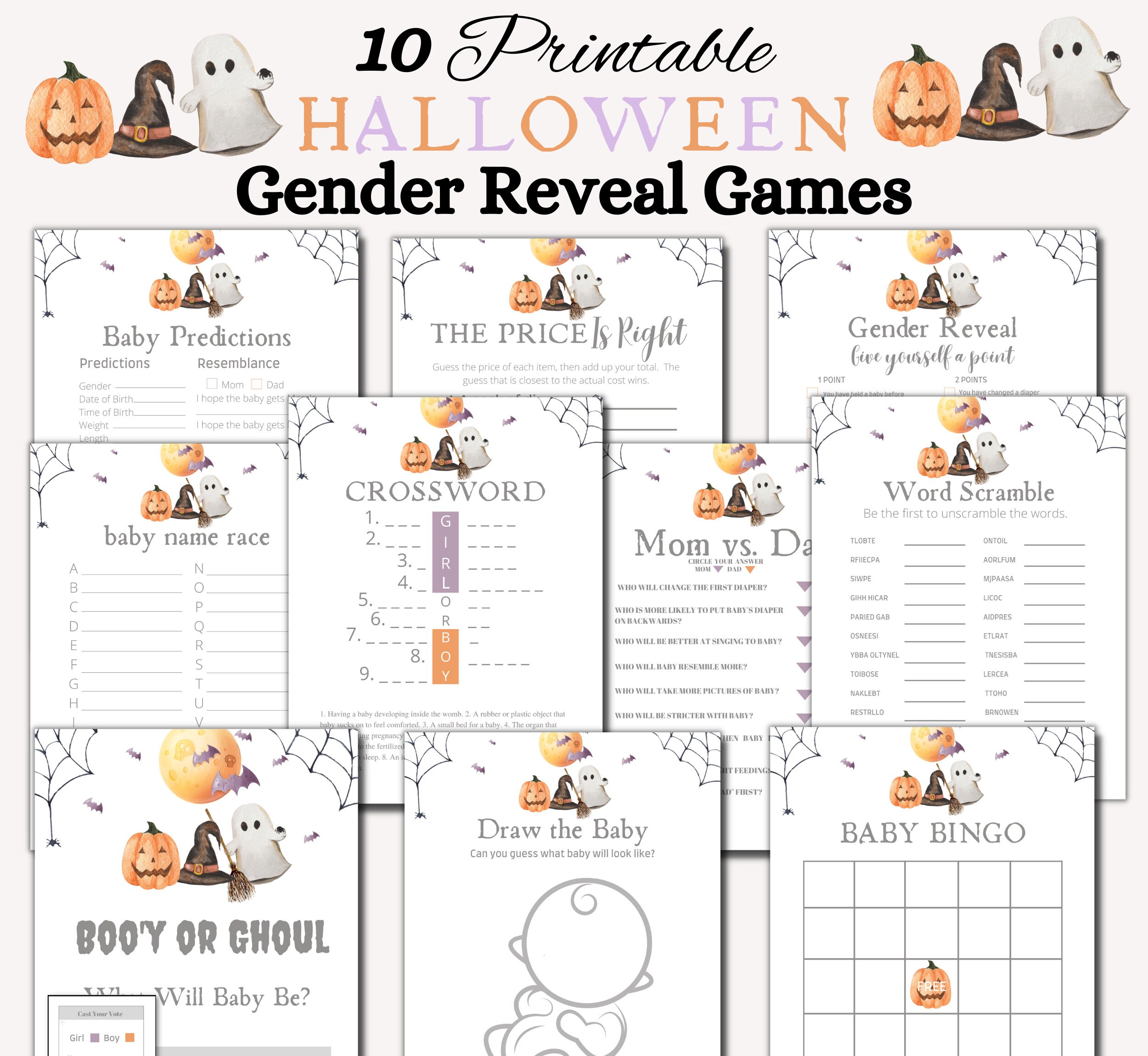 Halloween Gender Reveal Printable Games Bundle Halloween - Etsy