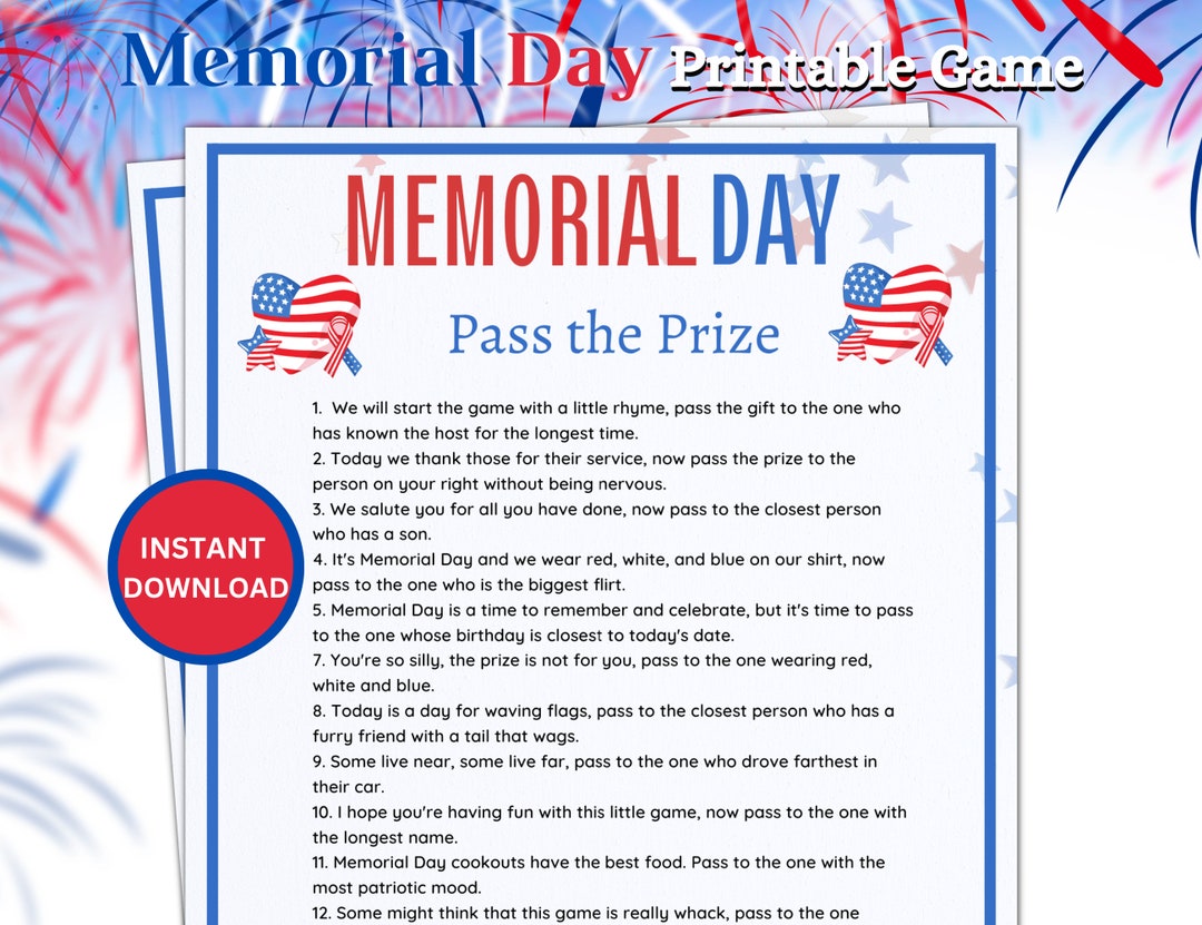 Memorial Day Pass the Prize Game, Printable Family Games, Patriotic ...
